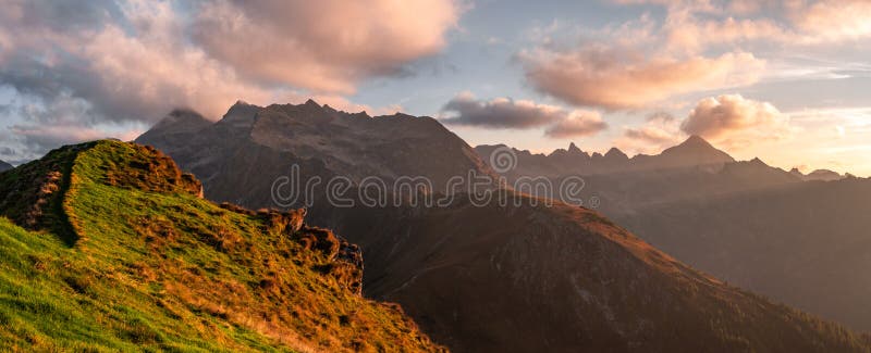 Austria Alps Sunset - Panorama Stock Photo - Image of trees, swiss ...