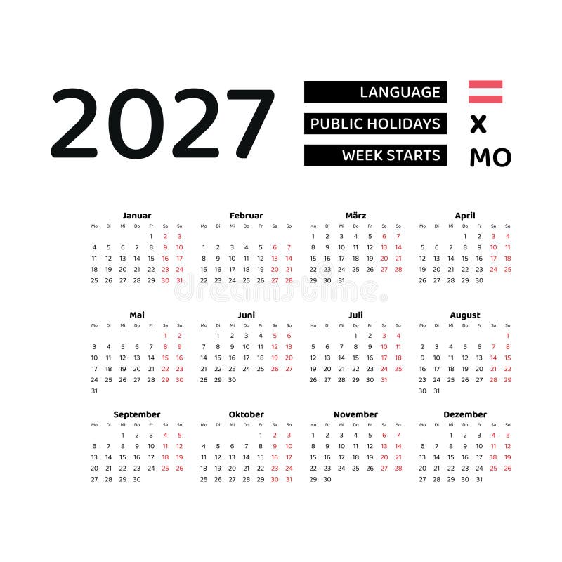 Austria Calendar 2027. Week Starts from Monday Stock Vector ...