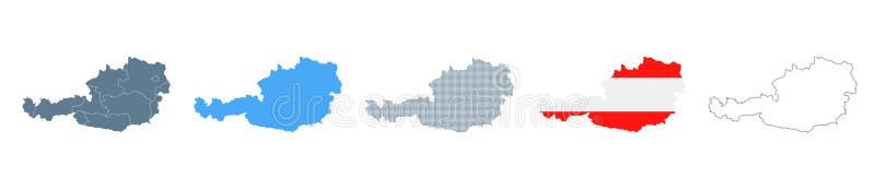 Austria Map Set - Vector Solid, Contour, Regions, Flag, Pixels Stock ...