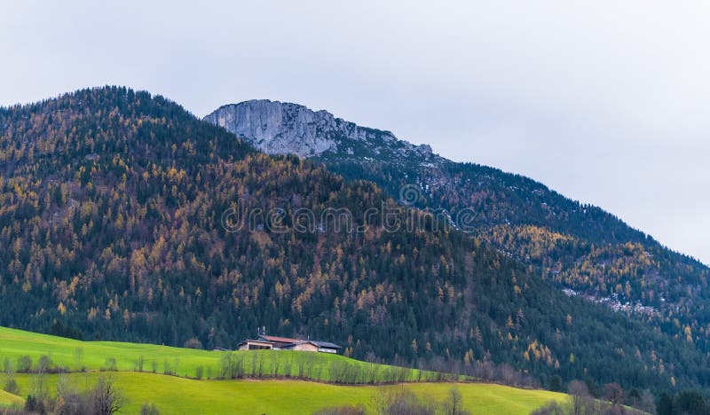 Austrian Alps, Green Meadows, Alpine Cottages and Mountain Peaks Stock ... Austrian Alps, Green Meadows, Alpine Cottages and Mountain Peaks Stock ...
