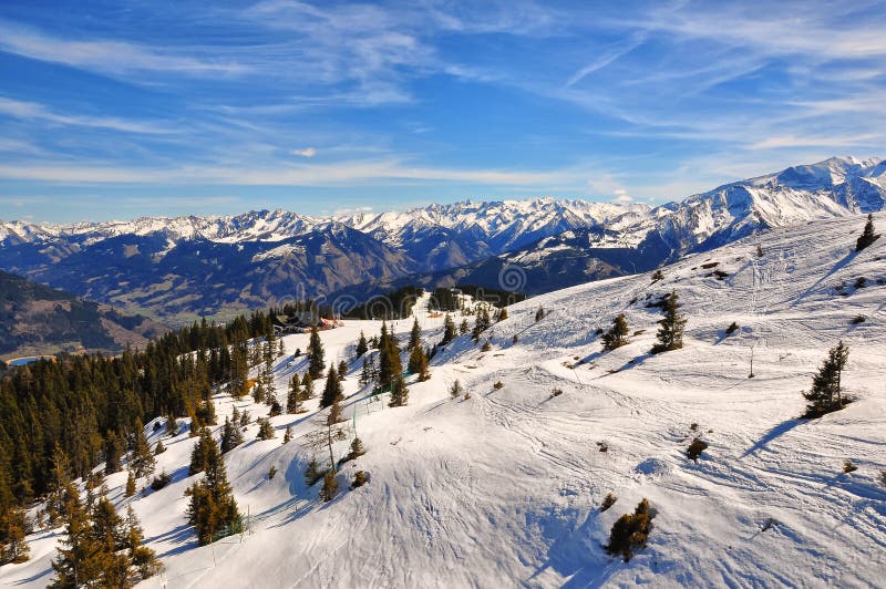 Austrian Alps Ski Slope with Trees Stock Photo - Image of wood, tourist ...