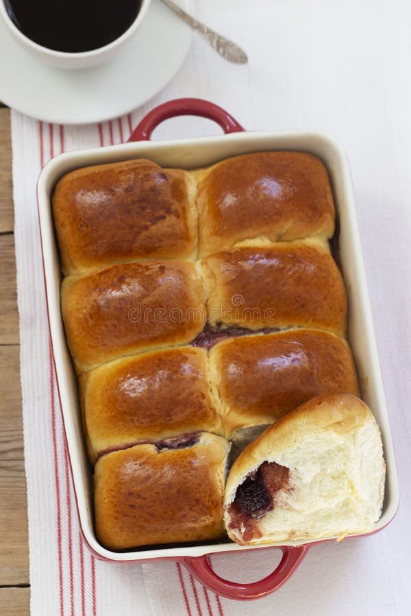 Austrian Buns with Cherry Filling in a Baking Dish. Rustic Style. Stock ...