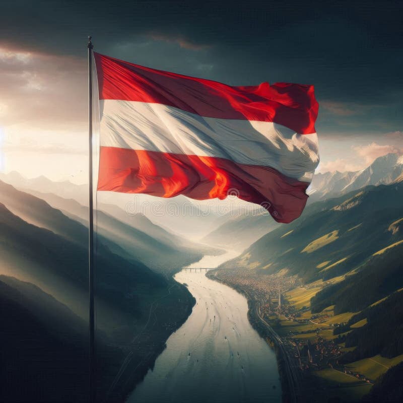Austrian Flag Flying in the Air, Emphasizing the Red and White ...