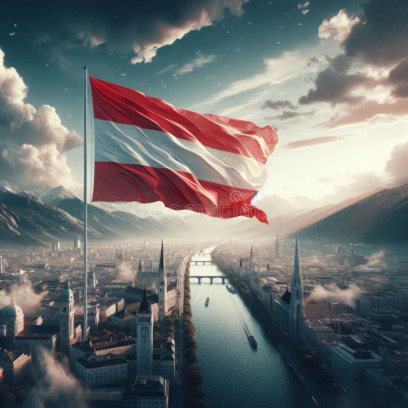 Austrian Flag Flying in the Air, Emphasizing the Red and White ...
