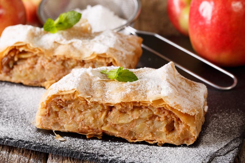 Austrian Food: Apple Strudel with Powdered Sugar and Mint Macro Stock ...