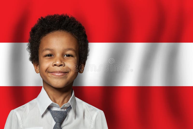 Austrian Kid Boy on Flag of Austria Background. Education and Childhood ...