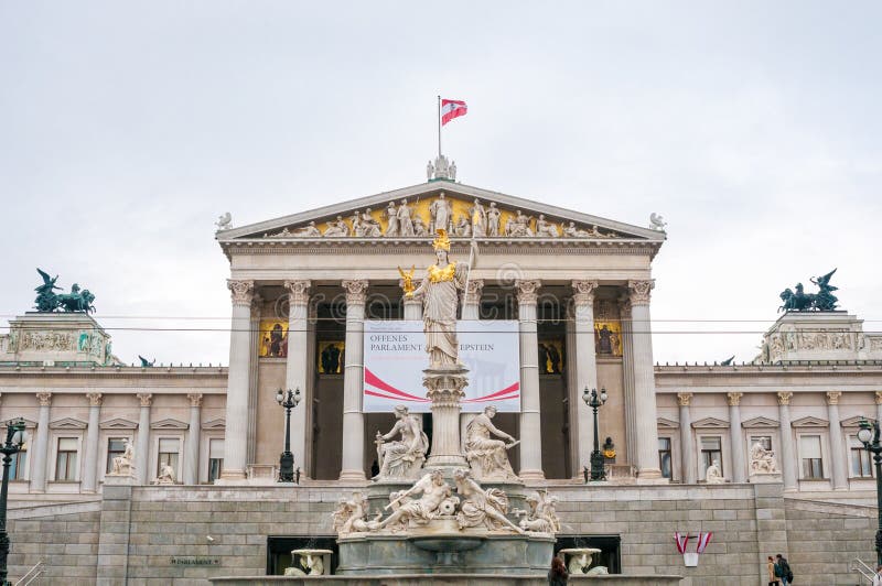 Austrian Parliament and Athena Monument in Vienna, Austria Editorial ...