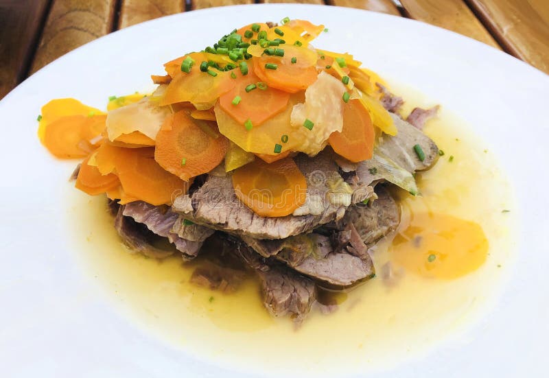 Boiled Beef with Root Vegetables and Chives. Stock Photo - Image of ...