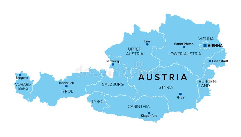 Silhouette of Austria with Federal States, Blue Political Map Stock ...