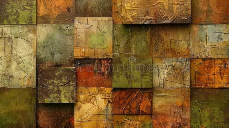 Authentic Abstract Squares with Wood Grain and Leaf Patterns, Earthy ...