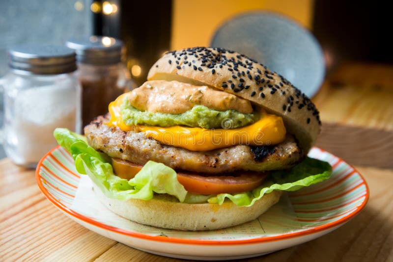 Authentic American Burger with Curry Mayonnaise Stock Image - Image of ...