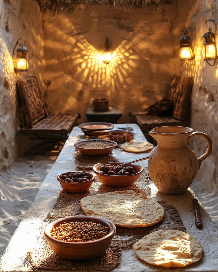 Authentic Ancient Egyptian Banquet with Limestone Table and Clay Dishes ...