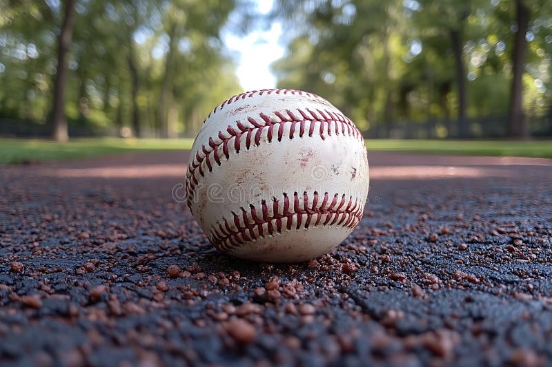 Authentic Baseball Closeup on Dirt Path with Blurred Green Trees ...