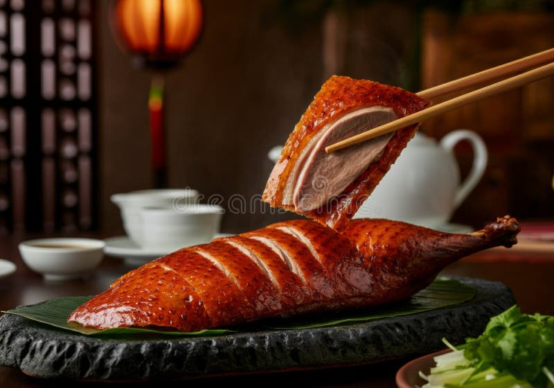Authentic Chinese Cuisine: Sliced Peking Duck with Chopsticks in a ...