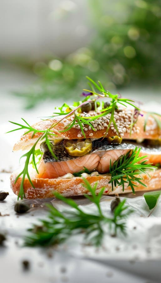 Authentic Danish Sandwich with Fish, Garnished with Capers and Pickles ...
