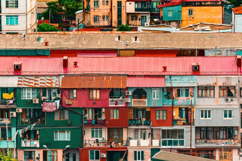 Authentic Different Color Houses Balcony Facade Walls and Roofs Stock ...