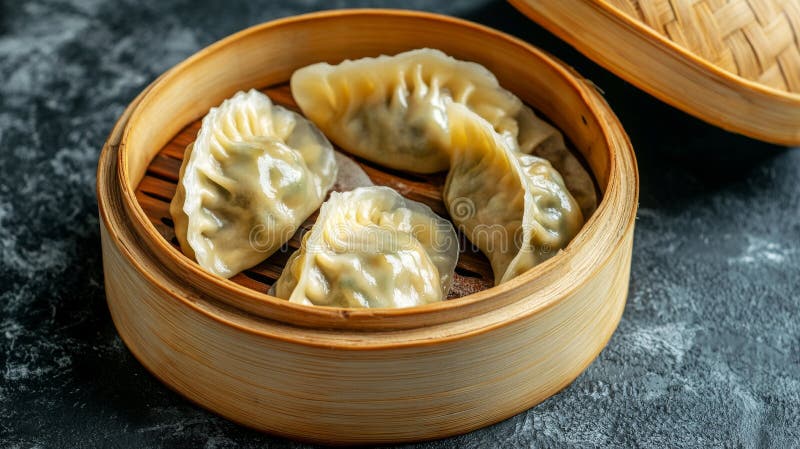 Authentic Dim Sum in Bamboo Steamers Displayed on a Dark Surface Stock ...