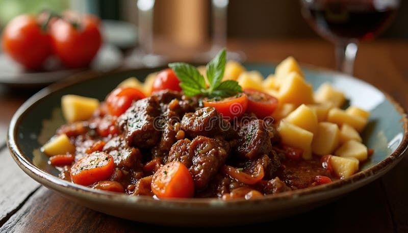 Authentic Greek Beef Stifado with Tomato and Cheese Garnish on Ceramic ...