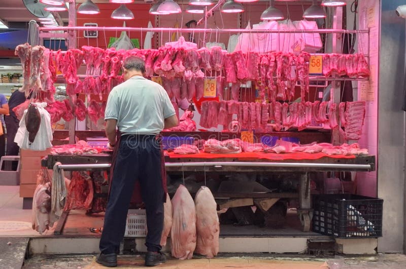 Authentic Hong Kong Small Pork Butcher Stall Editorial Photo - Image of ...