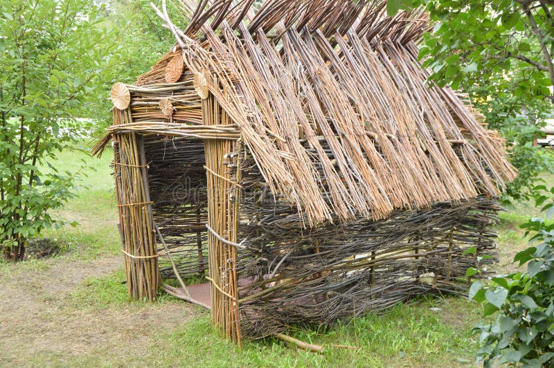 Authentic Hut from the Branches of the Forest, Summer Sunny Day Stock ...