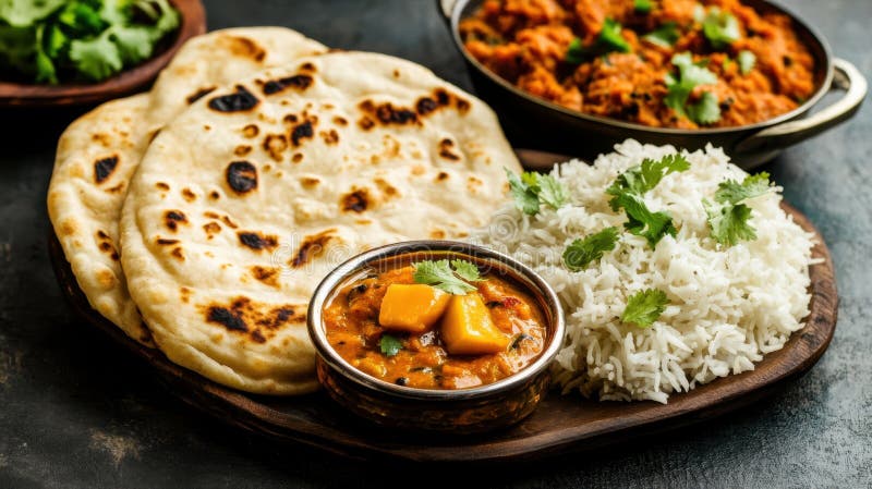 Authentic Indian Cuisine with Naan, Rice, and Curry Dish Garnished with ...