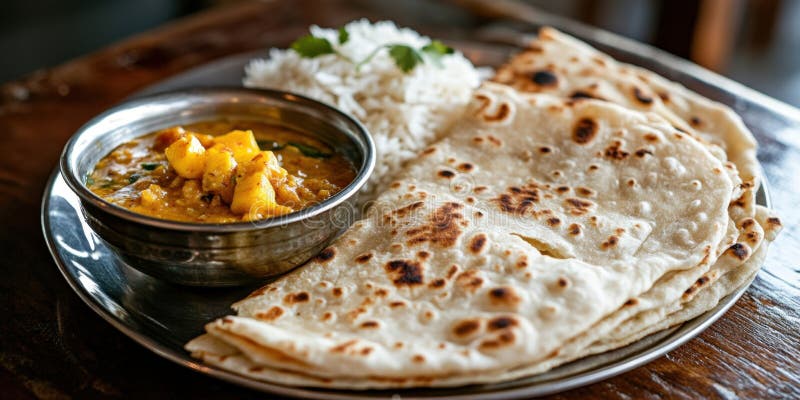 Authentic Indian Meal with Roti, Curry, and Rice on a Plate Stock ...