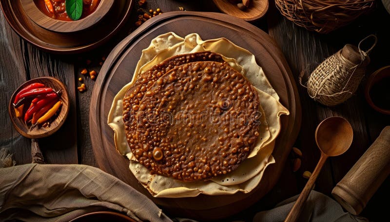 Authentic Injera (Ethiopian Flatbread) on Wooden Surface - Generative ...