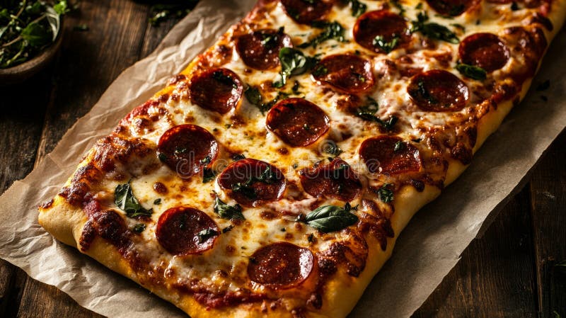 Authentic Italian Pizza Al Taglio with Pepperoni and Fresh Basil ...