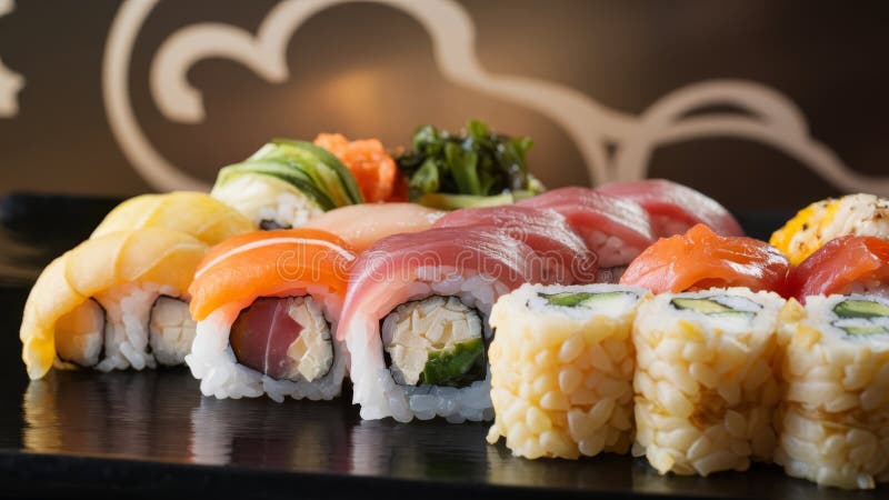 Authentic Japanese Sushi and Rolls Enjoyment Stock Illustration ...