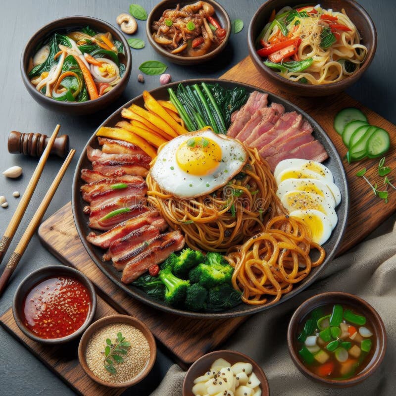 Authentic Japchae Meal Displayed with Classic Korean Sides Stock ...
