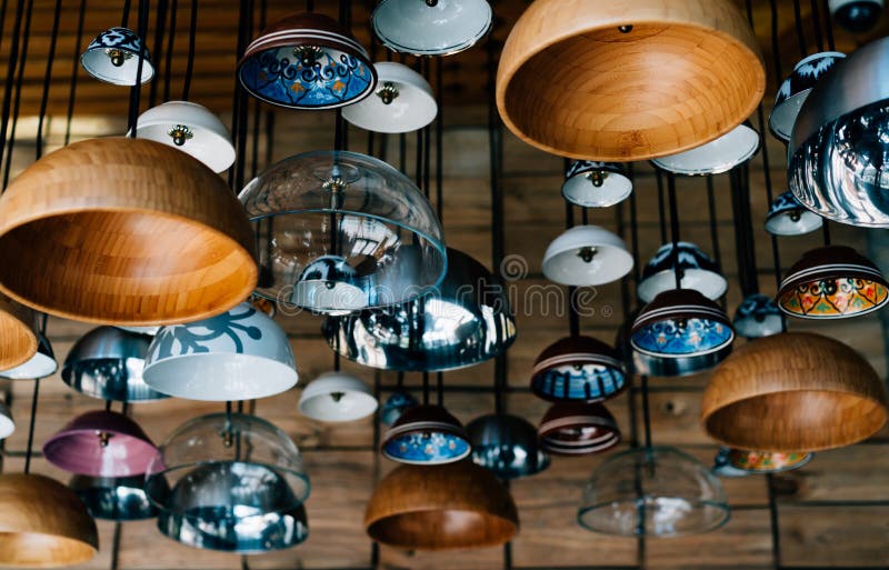 Authentic lamps in a cafe stock image. Image of handmade - 142505331