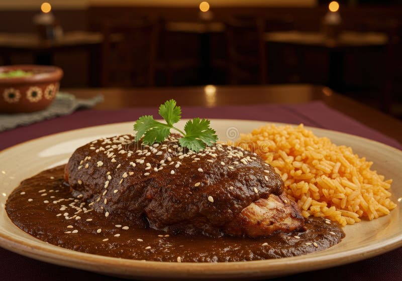 Authentic Mexican Mole Poblano Chicken Dish Served Plate Rice Stock ...