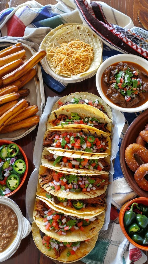 Authentic Mexican Taco Platter with Churros and Condiments Stock Image ...
