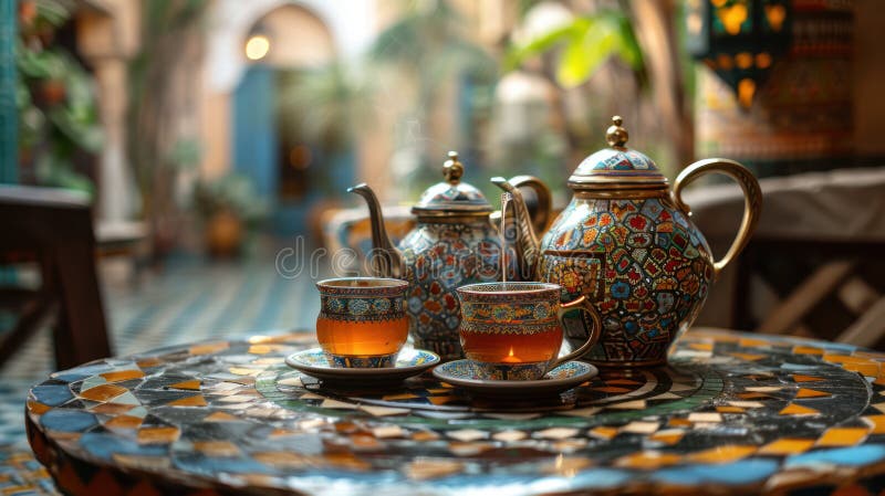 Authentic Moroccan Tea Set on Table in Marrakech Stock Illustration ...