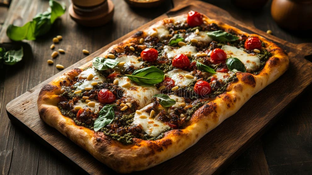 Authentic Roman Pizza Al Taglio with Fresh Basil and Cherry Tomatoes ...