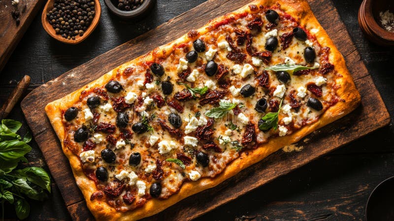 Authentic Rome Pizza Al Taglio with Olives and Sun-dried Tomatoes Stock ...