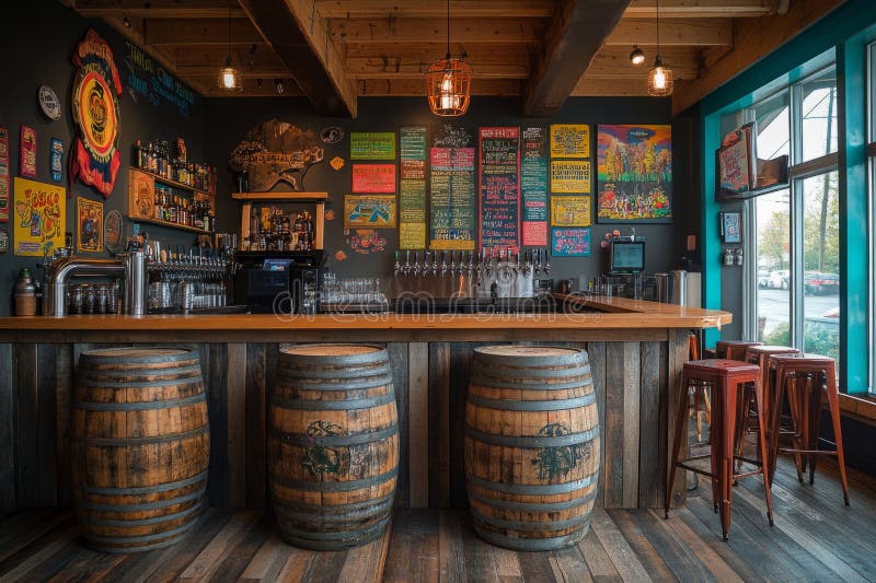 Authentic Rustic Pub Interior with Barrels Serving As Stools Stock ...
