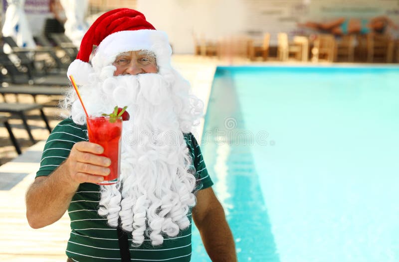 Authentic Santa Claus with Cocktail Near Pool Stock Image - Image of ...