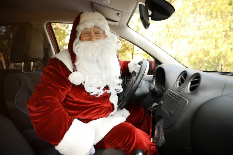 Authentic Santa Claus Driving Car, View from Passenger Seat Stock Photo ...