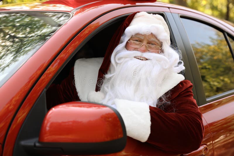 Authentic Santa Claus Driving His Modern Car Stock Photo - Image of ...