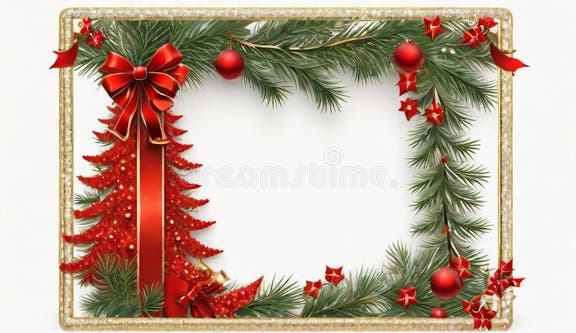 Authentic Sparkling Fir-Tree Rectangle Frame with Red Bow and Bells ...