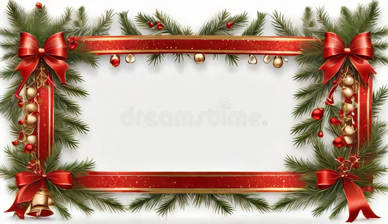 Authentic Sparkling Fir-Tree Rectangle Frame with Red Bow and Bells ...