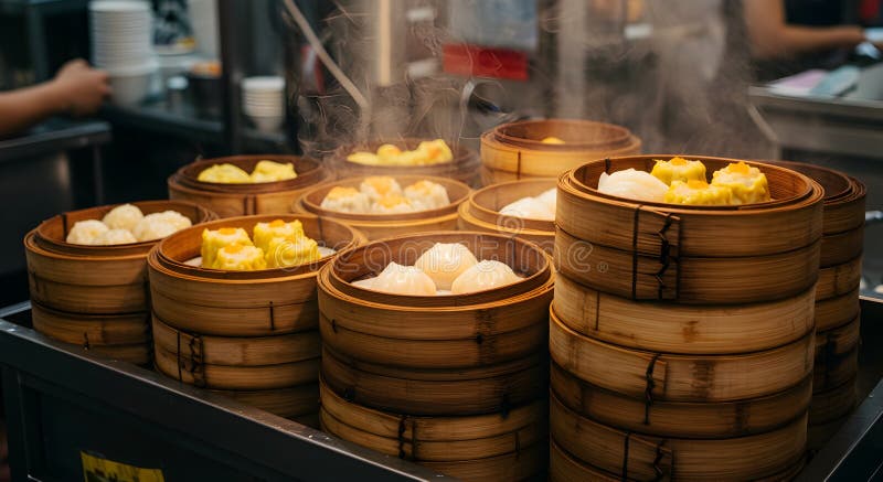 Authentic Steaming Dim Sum Selection: Bamboo Baskets of Delectable ...