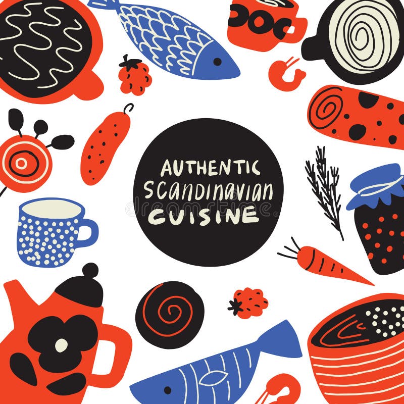 Authentical Scandinavian Cuisine. Hand Drawn Illustration of Different ...