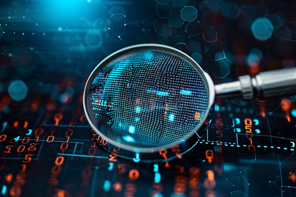 Authentication Synergy Magnifying Glass Inspects Biometrics with Binary Code Backdrop Stock ...