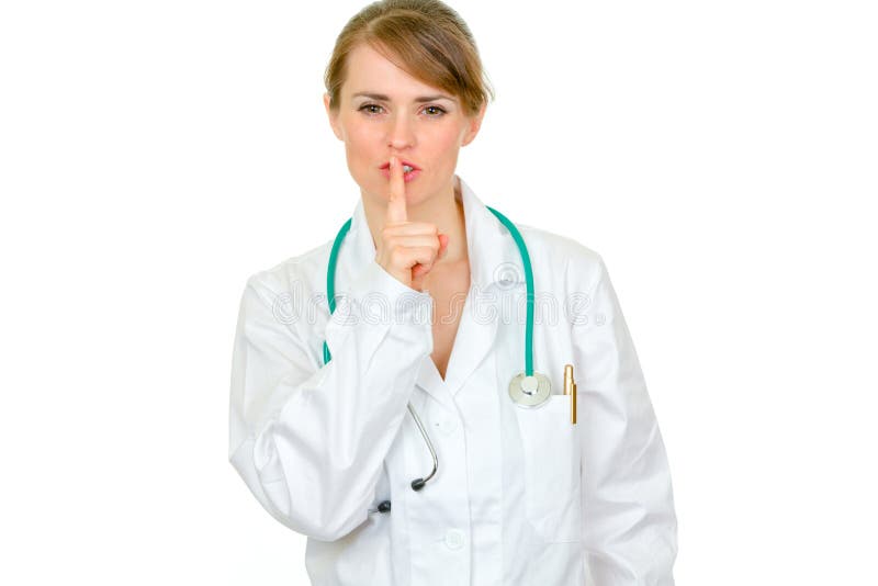 Authoritative Doctor Woman with Finger at Mouth Stock Image - Image of ...