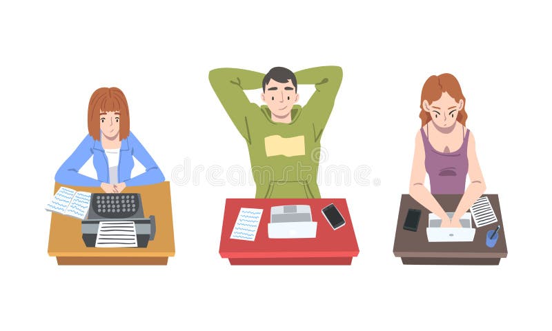 Authors Writing Articles Typing on Typewriter and Laptop Computer Set ...