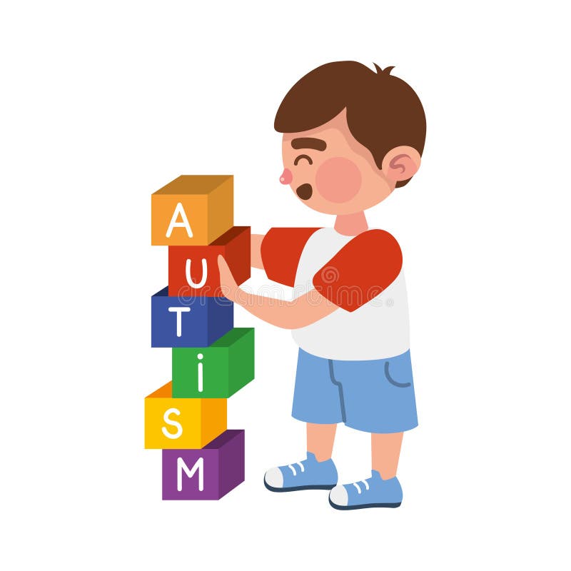 Autism boy with blocks stock vector. Illustration of design - 300359087
