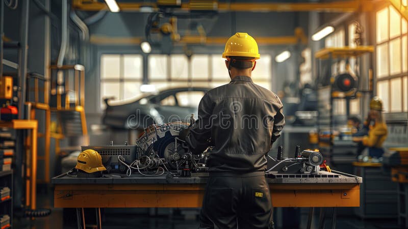 Auto Car Engineer Doing Work, Car Engineer at the Workstation with ...