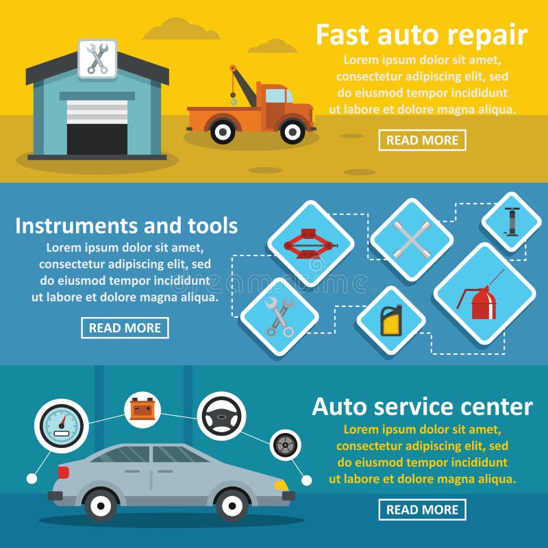 Auto Car Repair Banner Horizontal Set, Flat Style Stock Vector ...